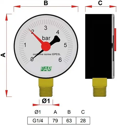 Манометр радиальный Far 63мм 10 бар 1/4" FA 2500 R10 купить по 1 209.00 ...